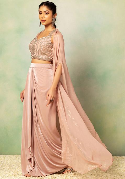 Buy Women Powder Pink Jacket Set With Embellished Blouse And Draped ...