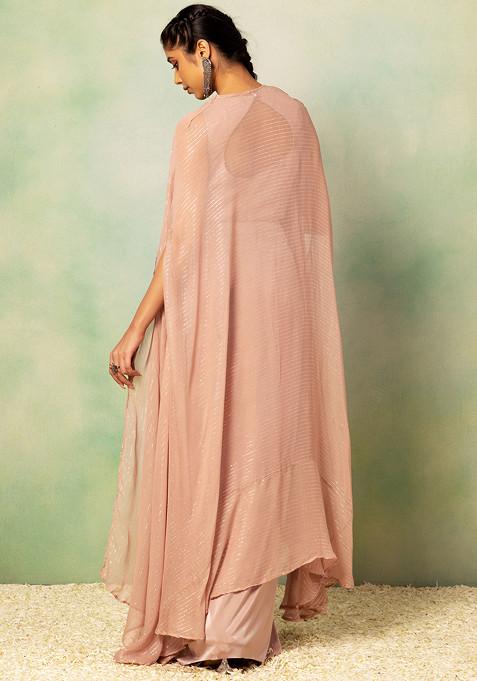 Buy Women Powder Pink Jacket Set With Embellished Blouse And Draped ...