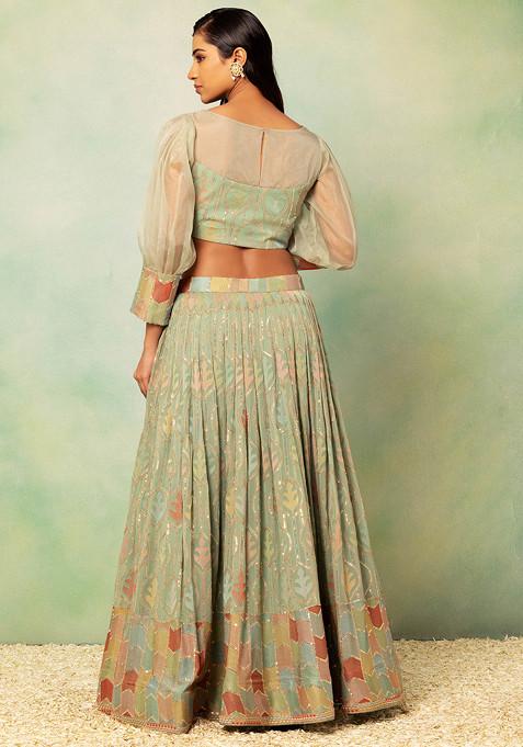 Buy Women Seafoam Sequin Embroidered Lehenga Set With Blouse And