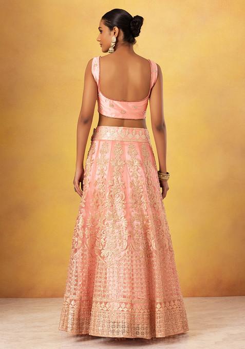 Buy Women Peach Gota Patti Embroidered Mesh Lehenga Set With ...
