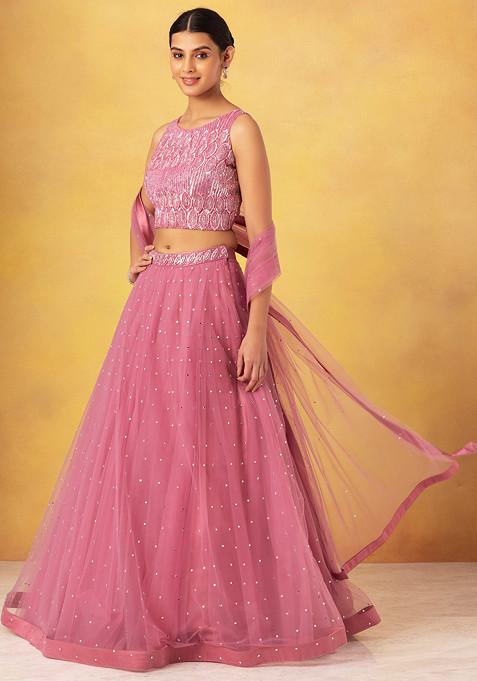 Buy Women Dull Pink Embellished Mesh Lehenga Set With Sequin ...