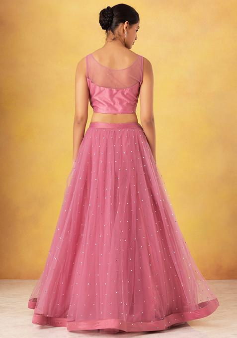 Buy Women Dull Pink Embellished Mesh Lehenga Set With Sequin ...