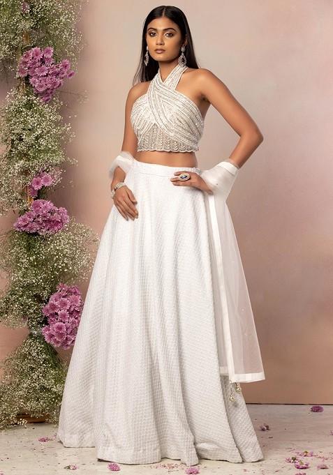 Buy Women White Lehenga Set With Bead Embellished Halter Blouse And ...