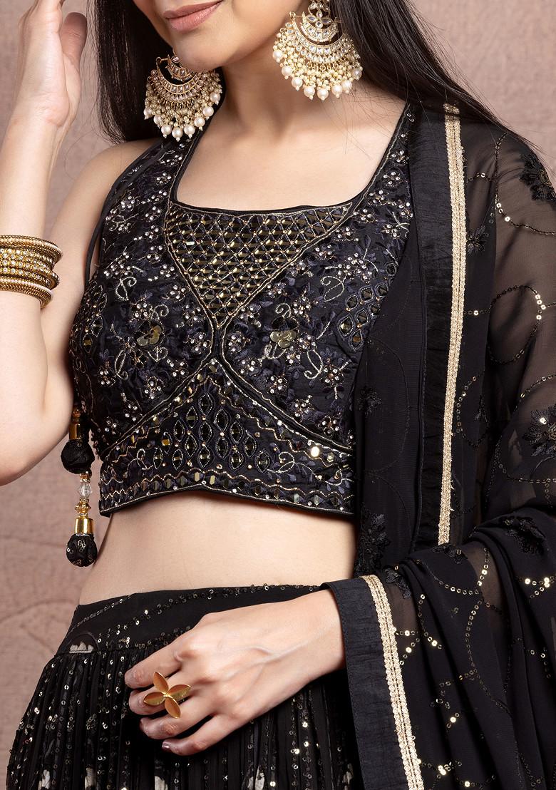 Buy Women Black Sequin Embellished Lehenga Set With Mirror Embellished ...
