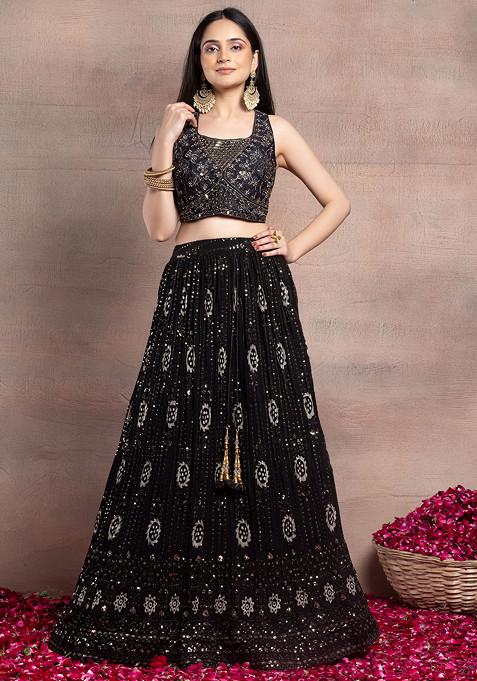 Buy Women Black Sequin Embellished Lehenga Set With Mirror Embellished ...