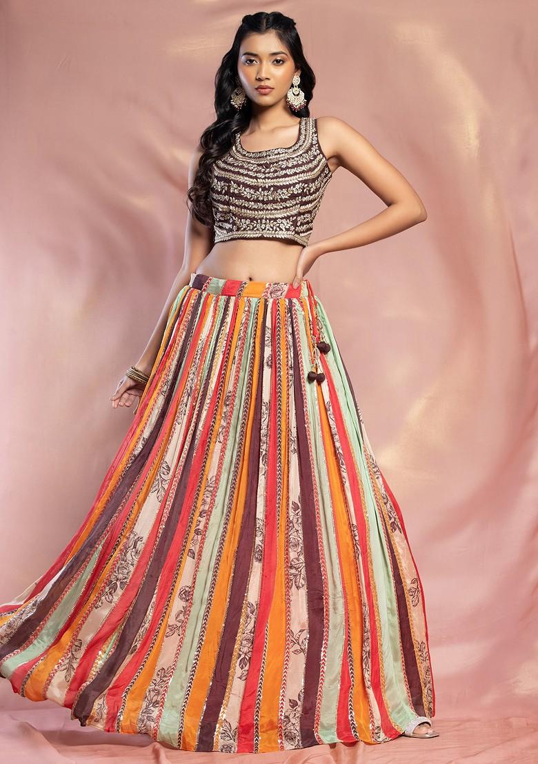 Buy Women Multicolour Printed Lehenga Set With Brown Embellished Blouse ...