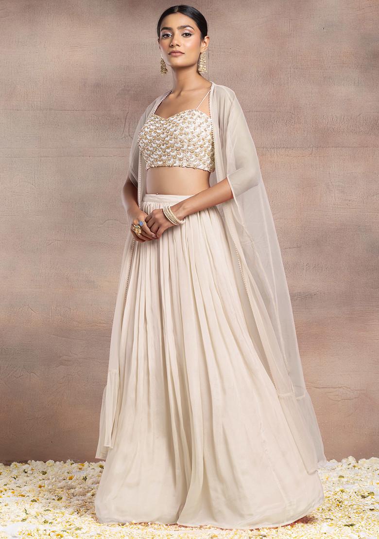 Buy Women Ivory Lehenga Set With Sequin Pearl Hand Embroidered Blouse