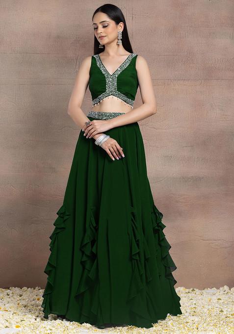 Buy Women Emerald Green Ruffled Lehenga Set With Sequin Pearl Hand ...