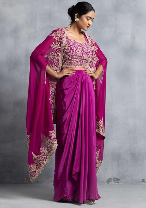 Buy Women Hot Pink Pleated Skirt Set With Floral Thread Embroidered Blouse And Embroidered Cape