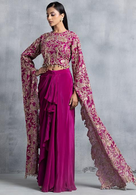 Buy Women Hot Pink Pleated Skirt Set With Zari And Sequin Hand Embroidered Blouse Ill02161
