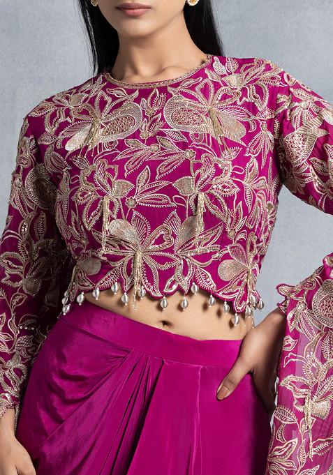 Buy Women Hot Pink Pleated Skirt Set With Zari And Sequin Hand Embroidered Blouse Ill02161