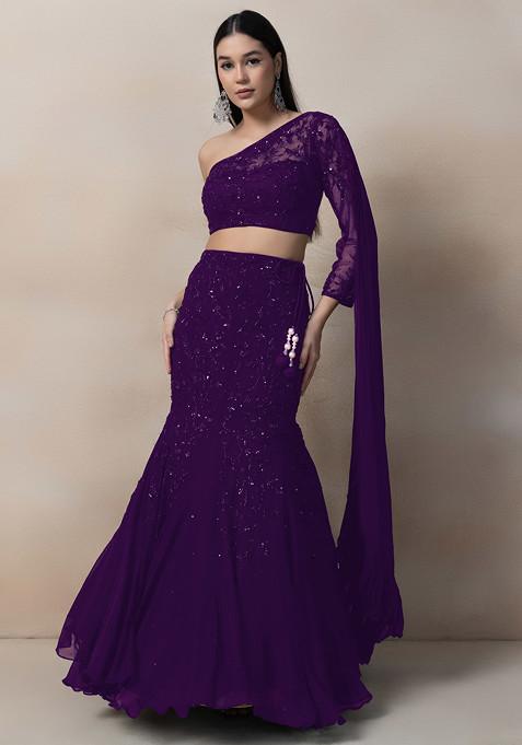 Buy Women Bright Purple Sequin Embroidered Lehenga Set - ILL02734 ...
