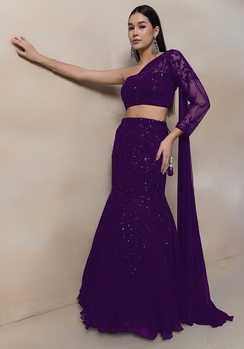 Buy Women Bright Purple Sequin Embroidered Lehenga Set - ILL02734 ...