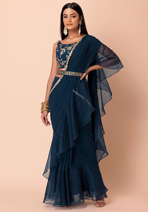 Buy Women Teal Organza Frilled Pre-Stitched Saree Set With Sequin ...