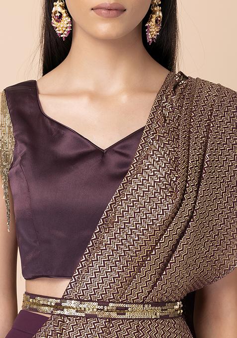 Buy Women Sangria Purple Chevron Pleated Pre-Stitched Saree Set With ...