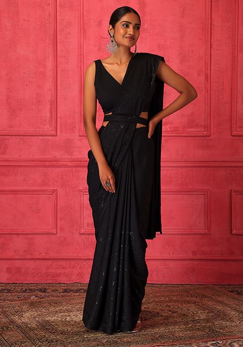 Buy Women Black Boota Embroidered Saree Set With Stitched Blouse And ...