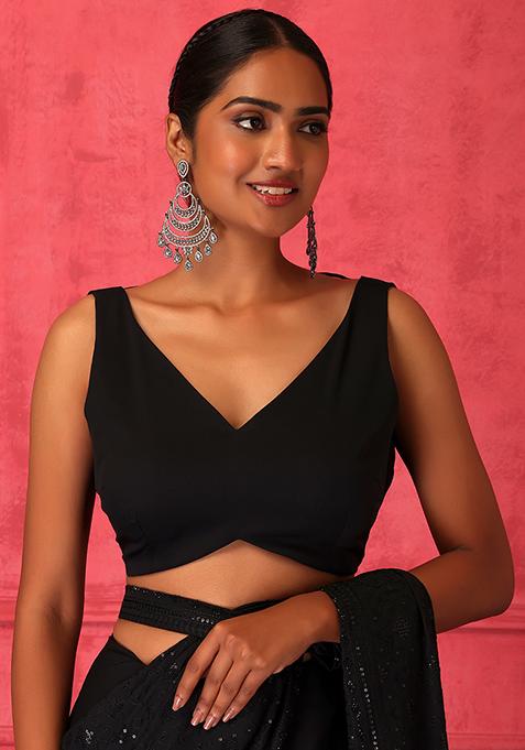 Buy Women Black Boota Embroidered Saree Set With Stitched Blouse And ...
