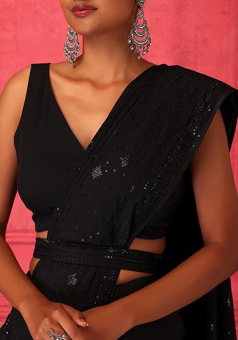 Buy Women Black Boota Embroidered Saree Set With Stitched Blouse And ...