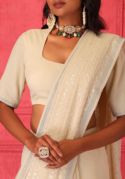 Buy Women Ivory Sequin Grid Embroidered Saree Set With Stitched Blouse ...