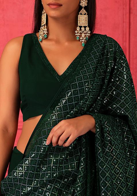 Buy Women Emerald Green Sequin Grid Embroidered Saree Set With Stitched ...