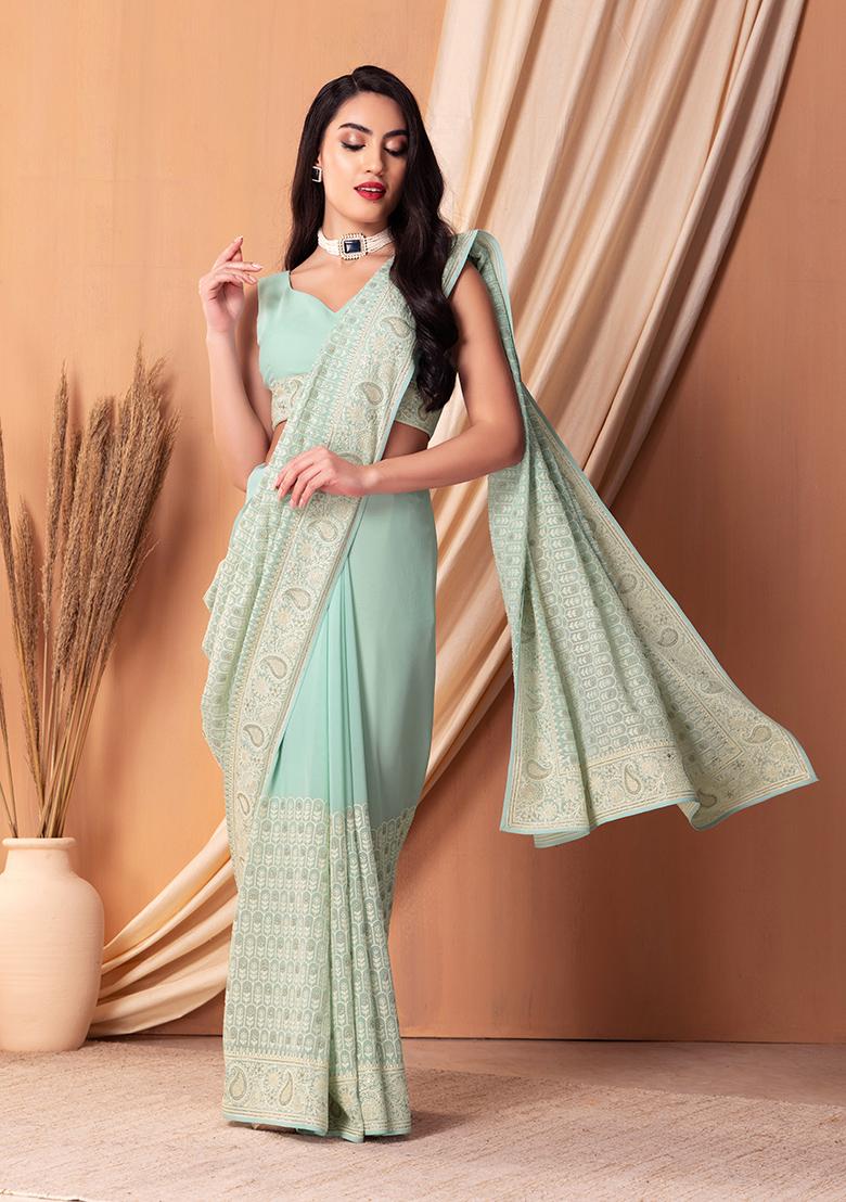 Buy Women Sage Green Thread Embroidered Saree Set With Blouse ...