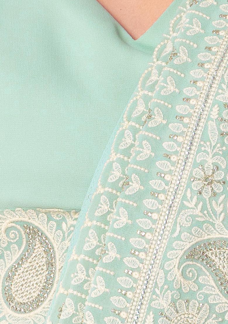Buy Women Sage Green Thread Embroidered Saree Set With Blouse ...
