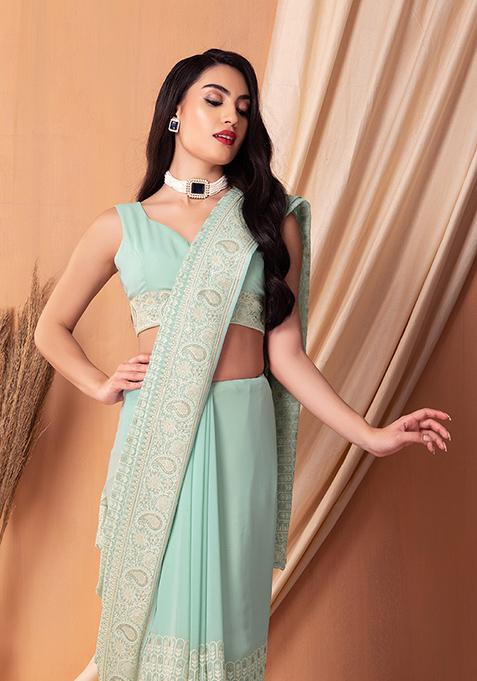 Buy Women Sage Green Thread Embroidered Saree Set With Blouse ...