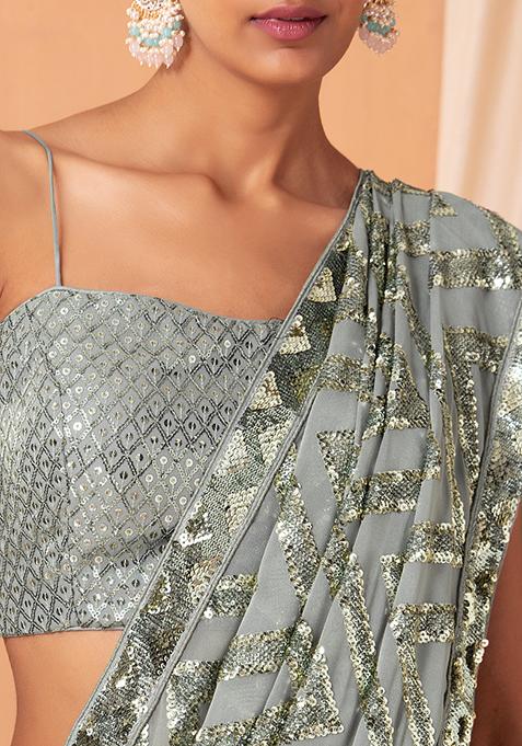 Buy Women Grey Sequin Boota Embroidered Saree Set With Blouse ...
