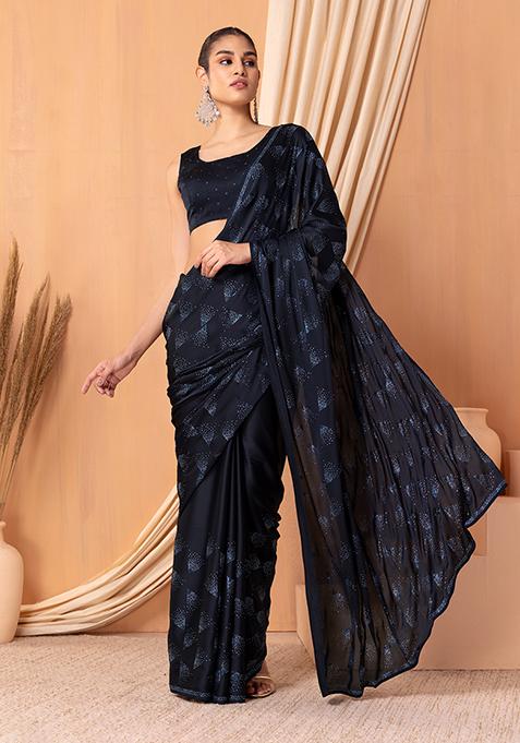 Buy Women Navy Blue Embellished Saree Set With Embellished Blouse