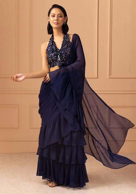 Buy Women Navy Blue Ruffled Pre-Stitched Saree Set With Sequin ...