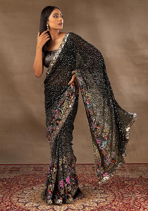Buy Women Black Sequin Thread Embroidered Saree With Blouse - ILS00539 - Black Saree - Indya