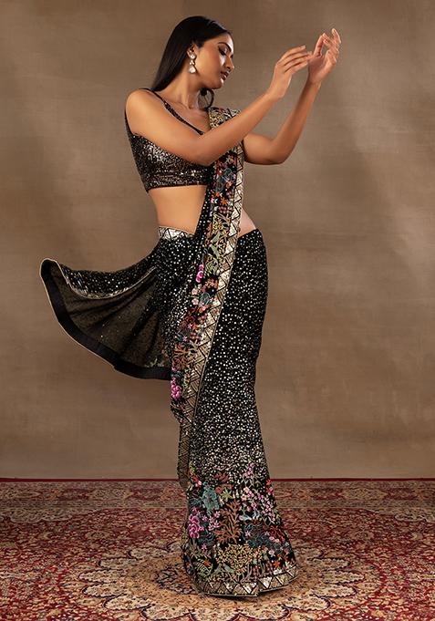 Buy Women Black Sequin Thread Embroidered Saree With Blouse - ILS00539 - Black Saree - Indya