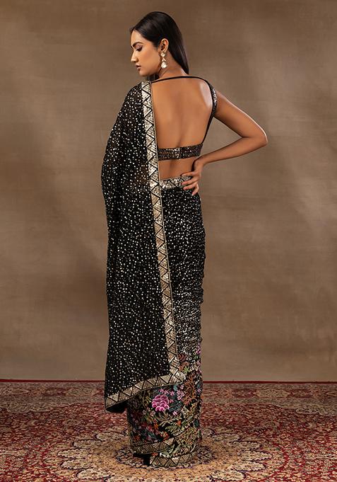 Buy Women Black Sequin Thread Embroidered Saree With Blouse - ILS00539 - Black Saree - Indya