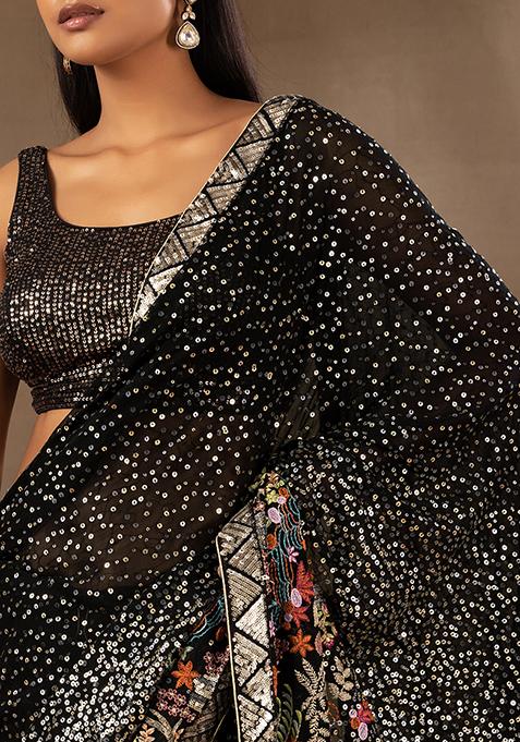 Buy Women Black Sequin Thread Embroidered Saree With Blouse - ILS00539 - Black Saree - Indya