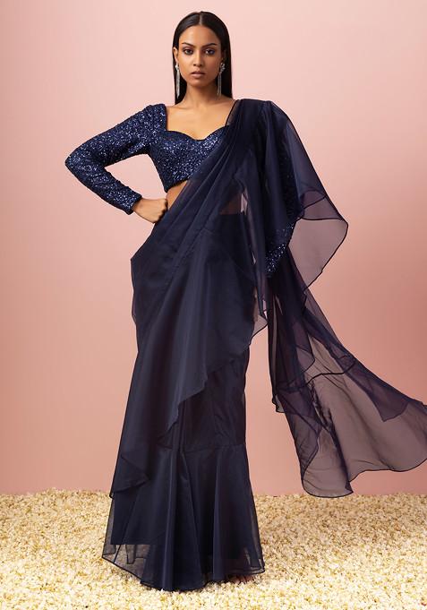 Buy Women Navy Blue Organza Ruffled Pre-Stitched Saree Set With Sequin ...