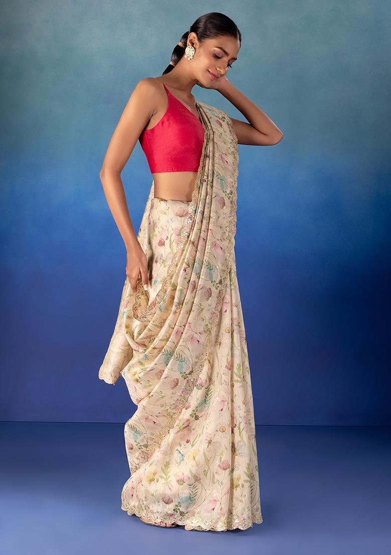 Buy Women Ivory Floral Print Embroidered Saree With Blouse - ILS00562 ...