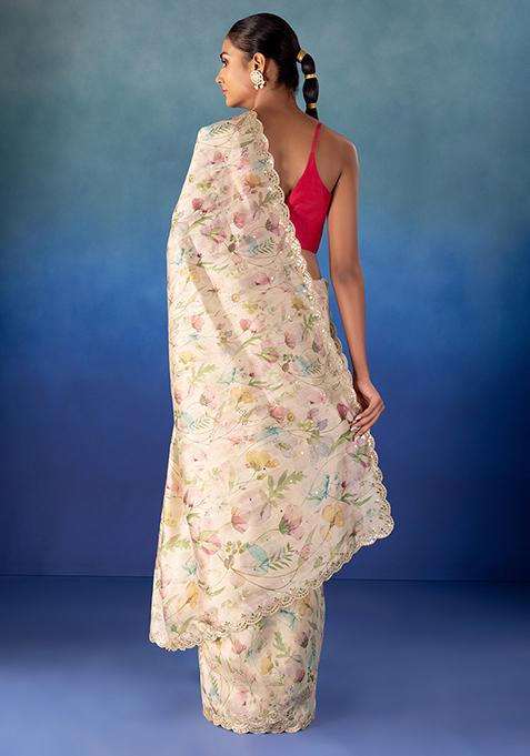 Buy Women Ivory Floral Print Embroidered Saree With Blouse - ILS00562 ...