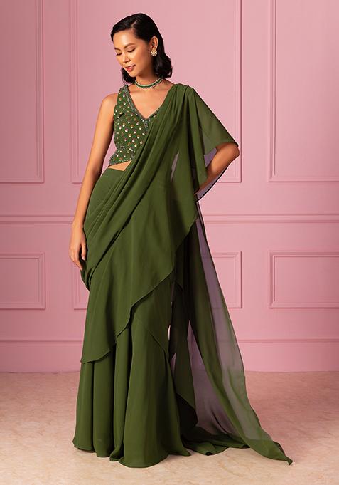 Buy Women Dark Green Pre-Stitched Saree Set With Embroidered Blouse ...
