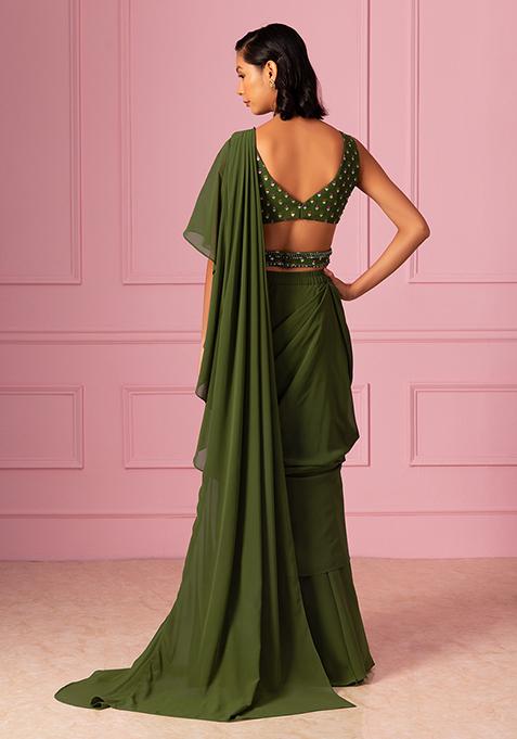 Buy Women Dark Green Pre-Stitched Saree Set With Embroidered Blouse ...