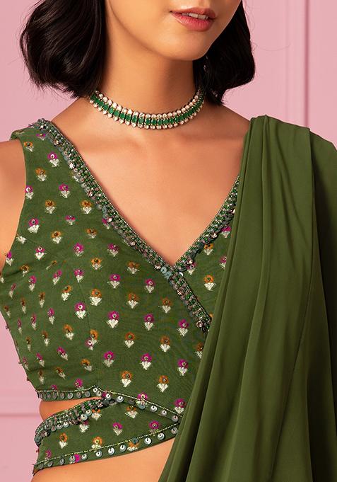 Buy Women Dark Green Pre-Stitched Saree Set With Embroidered Blouse ...