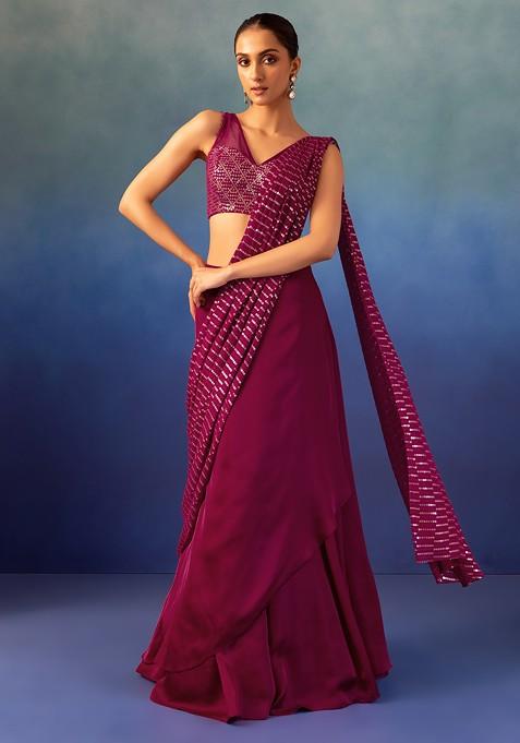 Buy Women Magenta Sequin Grid Embroidered Pre-Stitched Saree Set With ...