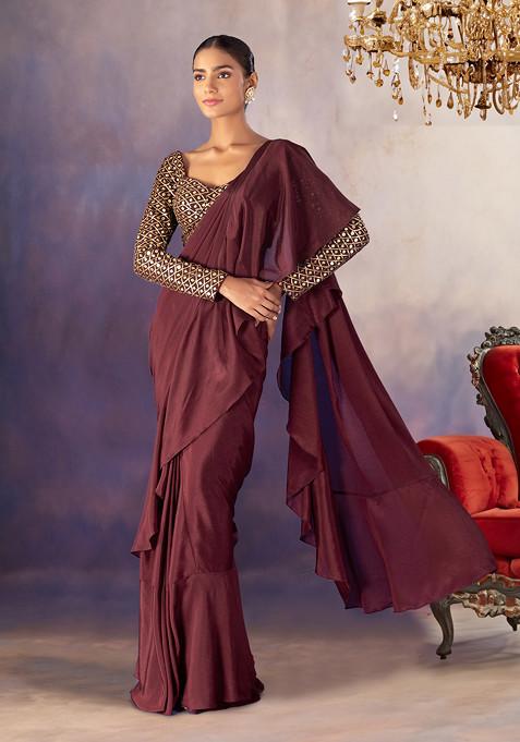 Buy Women Maroon Pre-Stitched Saree Set With Sequin And Zari ...