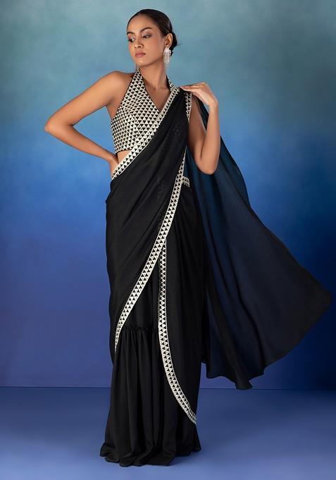 Buy Women Black Pre-Stitched Saree Set With Mirror Embroidered Halter ...
