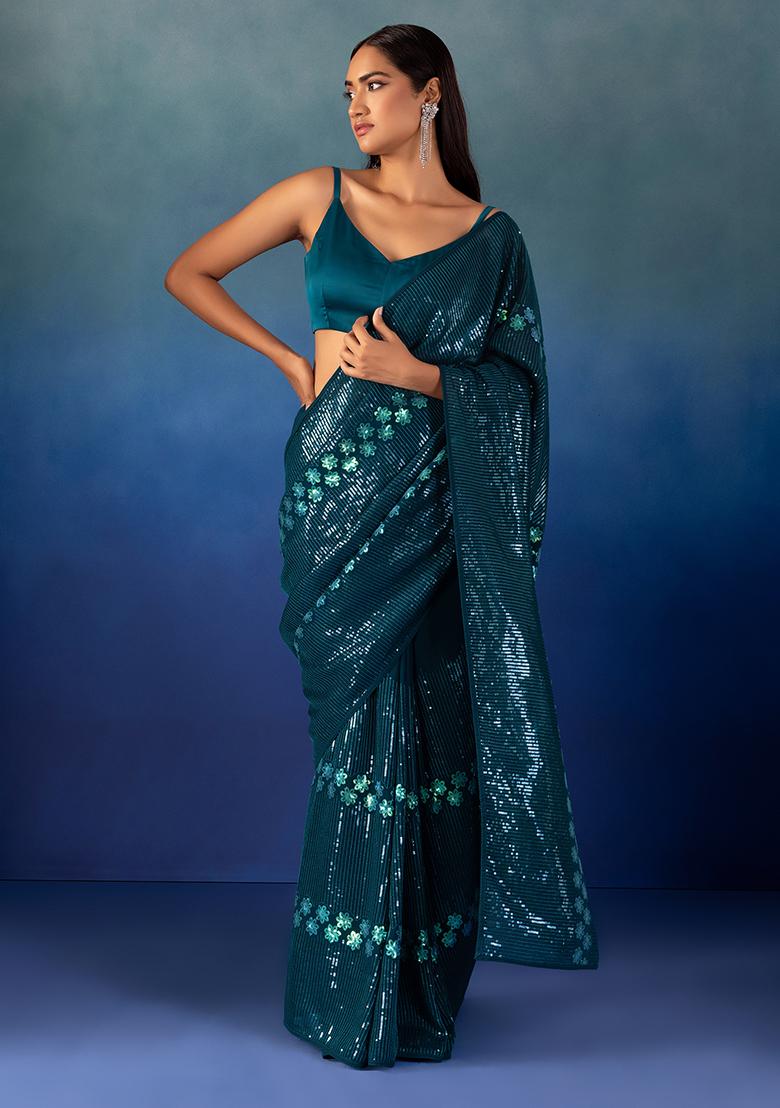 Buy Women Teal Tonal Sequin And Thread Embroidered Saree With Blouse ...
