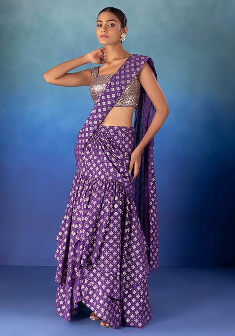 Buy Women Purple Boota Foil Print Pre-Stitched Saree Set With Sequin ...
