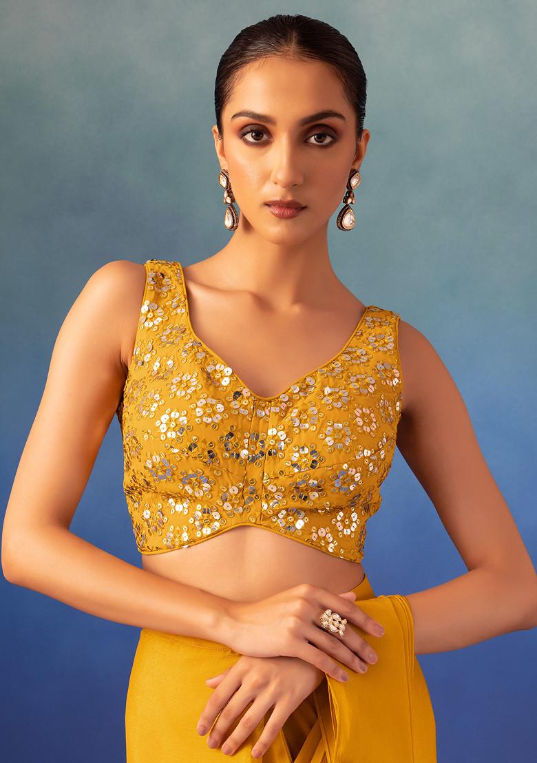 Buy Women Mustard Yellow Pre-Stitched Saree Set With Sequin Embroidered ...
