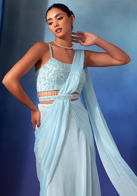 Buy Women Powder Blue Pre-Stitched Saree Set With Floral Embellished ...