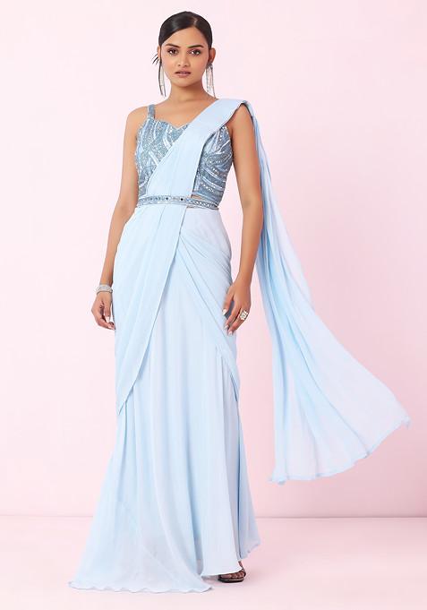 Buy Women Powder Blue Pre-Stitched Saree Set With Hand Embroidered ...