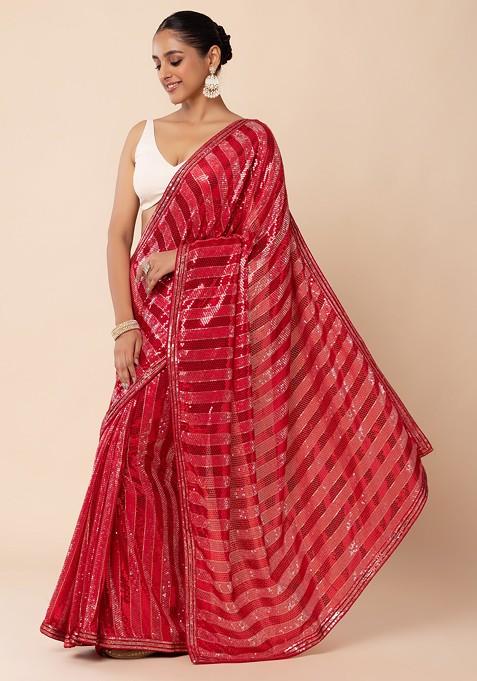Buy Women Red Horizontal Sequin Embroidered Saree With Blouse ...