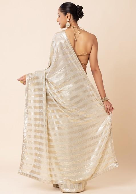 Buy Women Olive Green Horizontal Sequin Embroidered Saree With Blouse ...